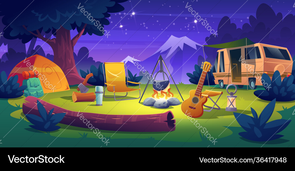 Summer camp at night time rv caravan campfire Vector Image