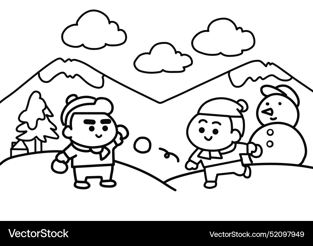 Children playing snow together coloring pages styl