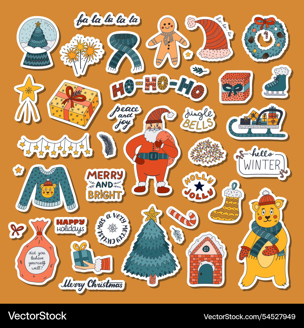 Cute colourful doodle sticker set for xmas new Vector Image