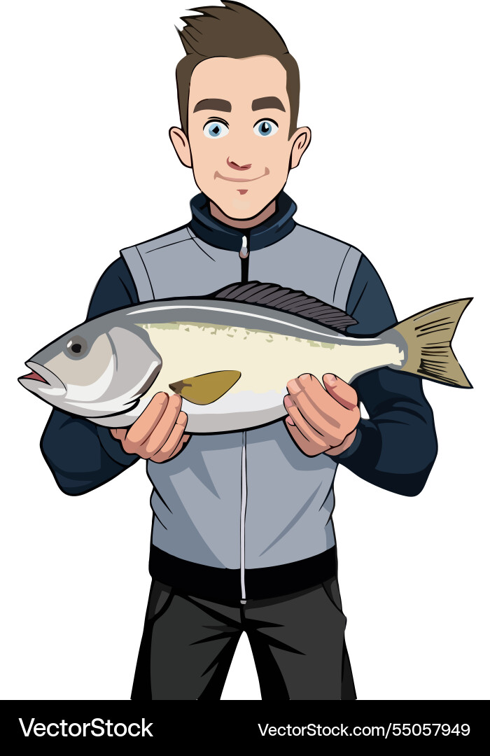 Fisherman holding big fish cartoon Royalty Free Vector Image