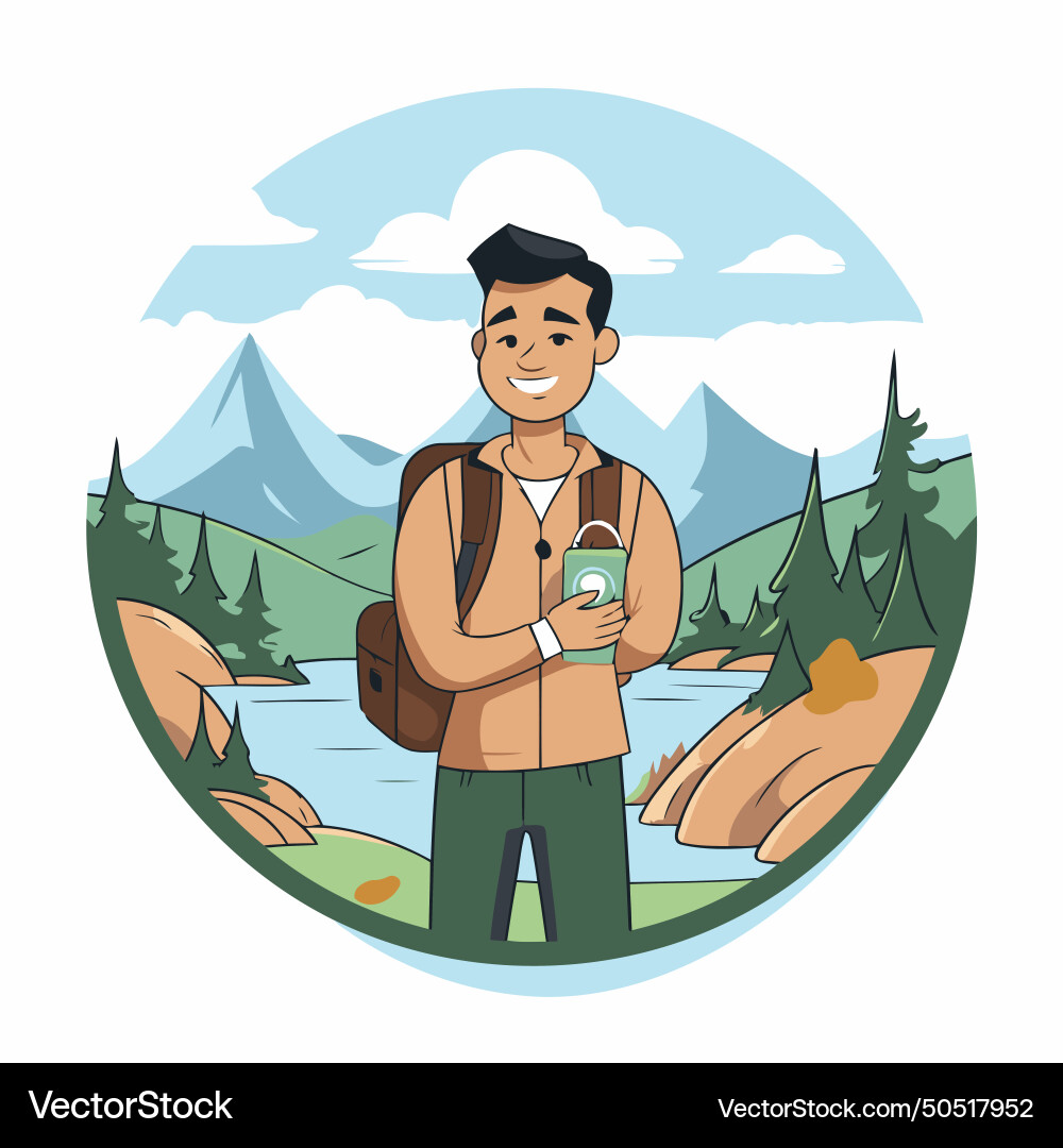 Hiking man with backpack and map cartoon round Vector Image