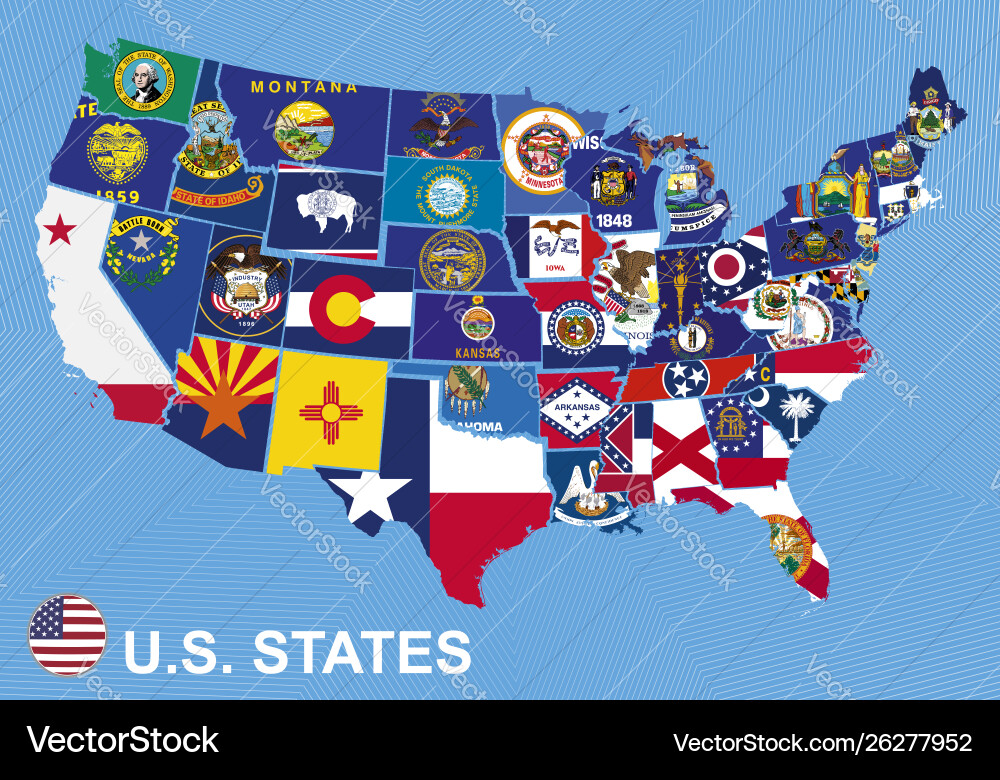 US States Map with Flags Royalty Free Vector Image