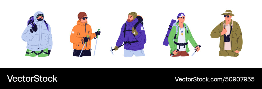 Backpackers set happy people trekking hikers Vector Image