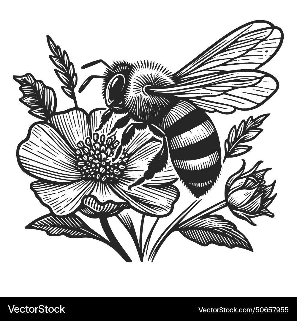 Bee pollinating flower sketch Royalty Free Vector Image