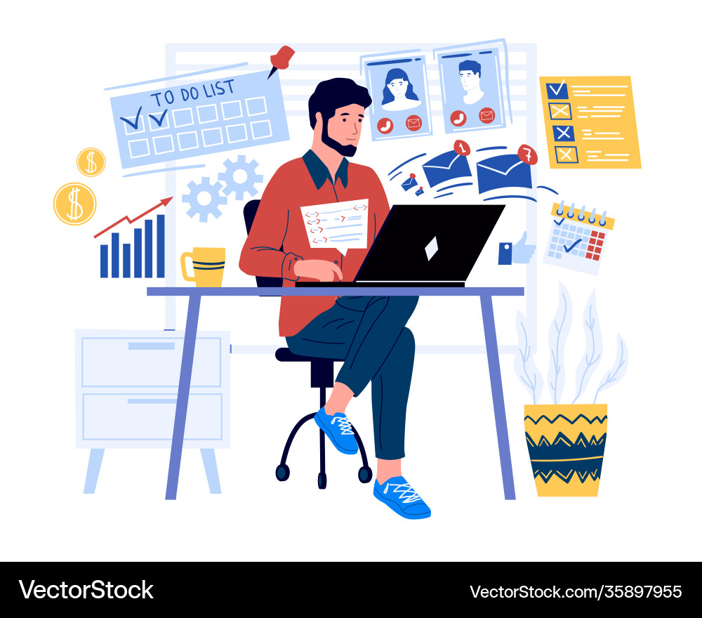 Freelancer cartoon man sitting and working Vector Image