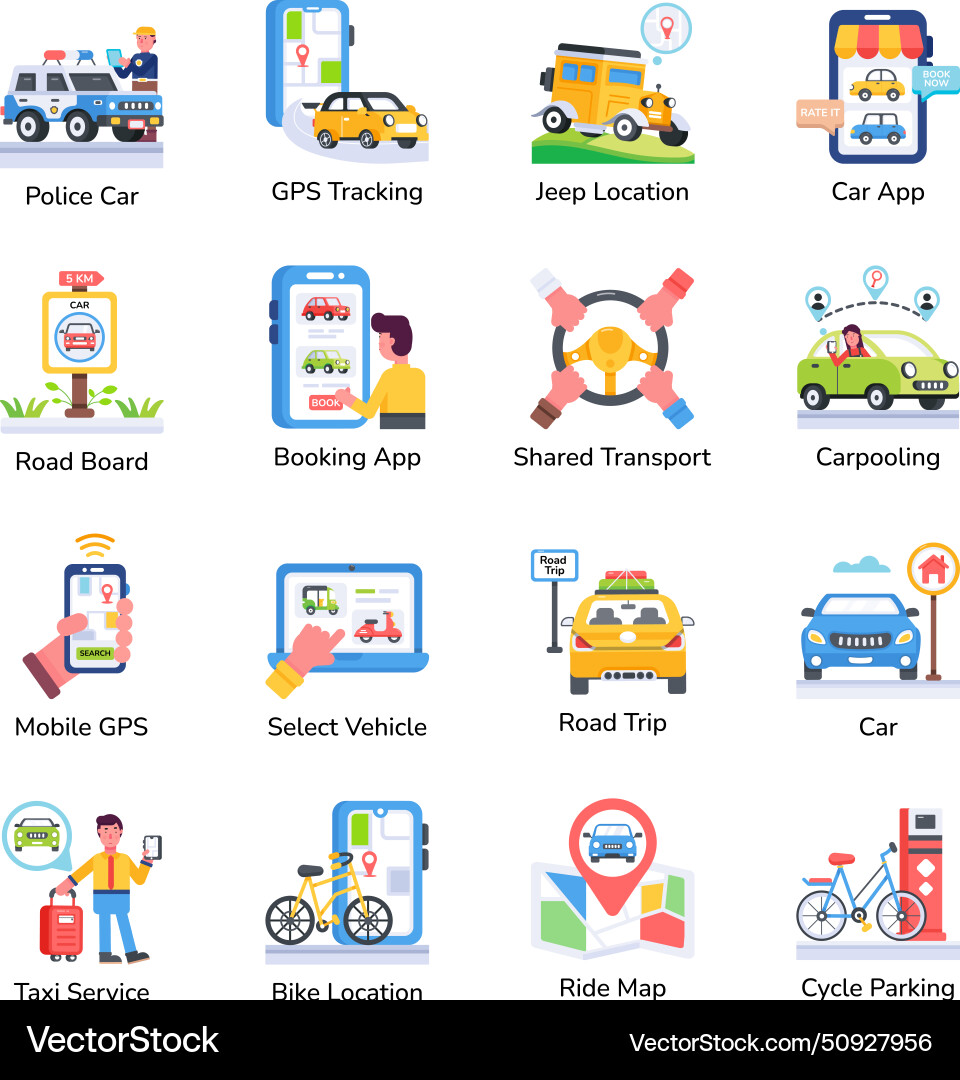 Trendy flat icons depicting online carpooling Vector Image