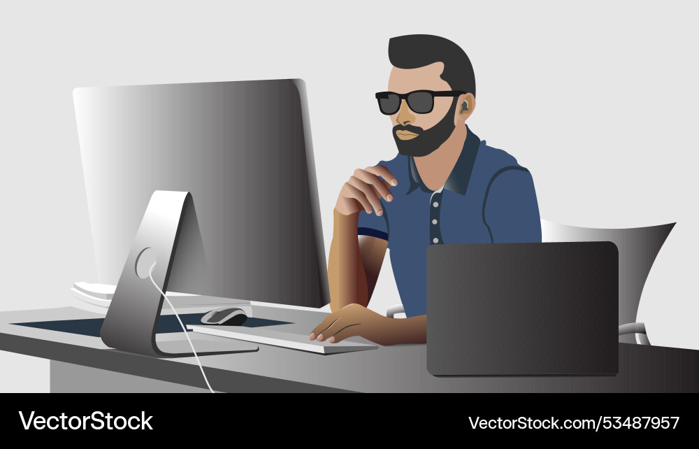 Businessman working on a desktop in office Vector Image