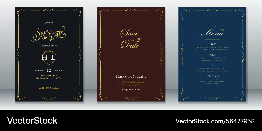 Elegant vintage wedding invitation and menu set Vector Image