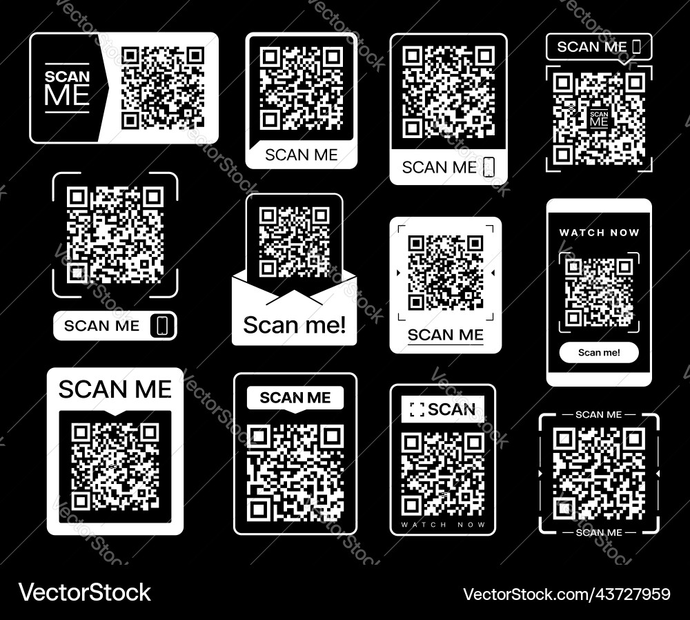 QR Code Stickers & Scanner Icons Royalty Free Vector