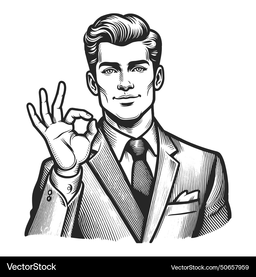 Retro man giving ok sign sketch Royalty Free Vector Image