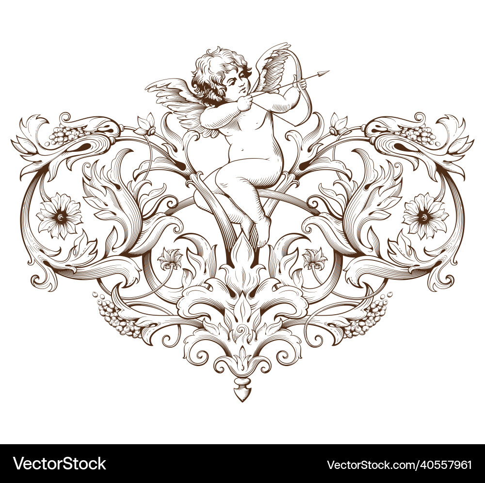 Baroque Cupid with Bow & Scroll Royalty Free Vector