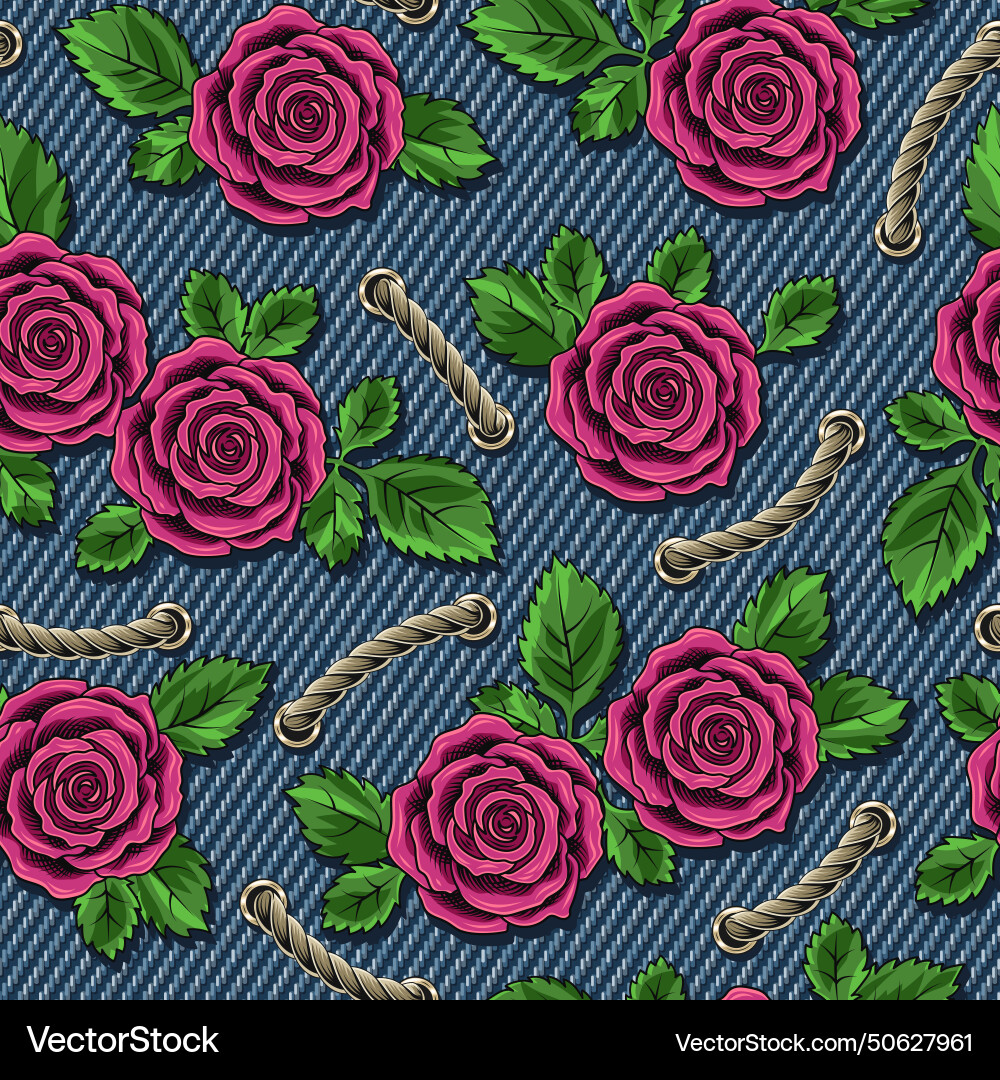 Denim seamless pattern with roses rope lacing Vector Image