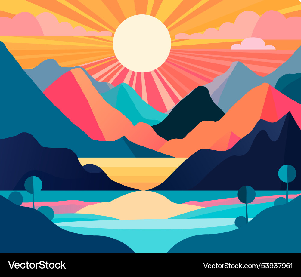 Stylized mountain landscape with big sun Vector Image