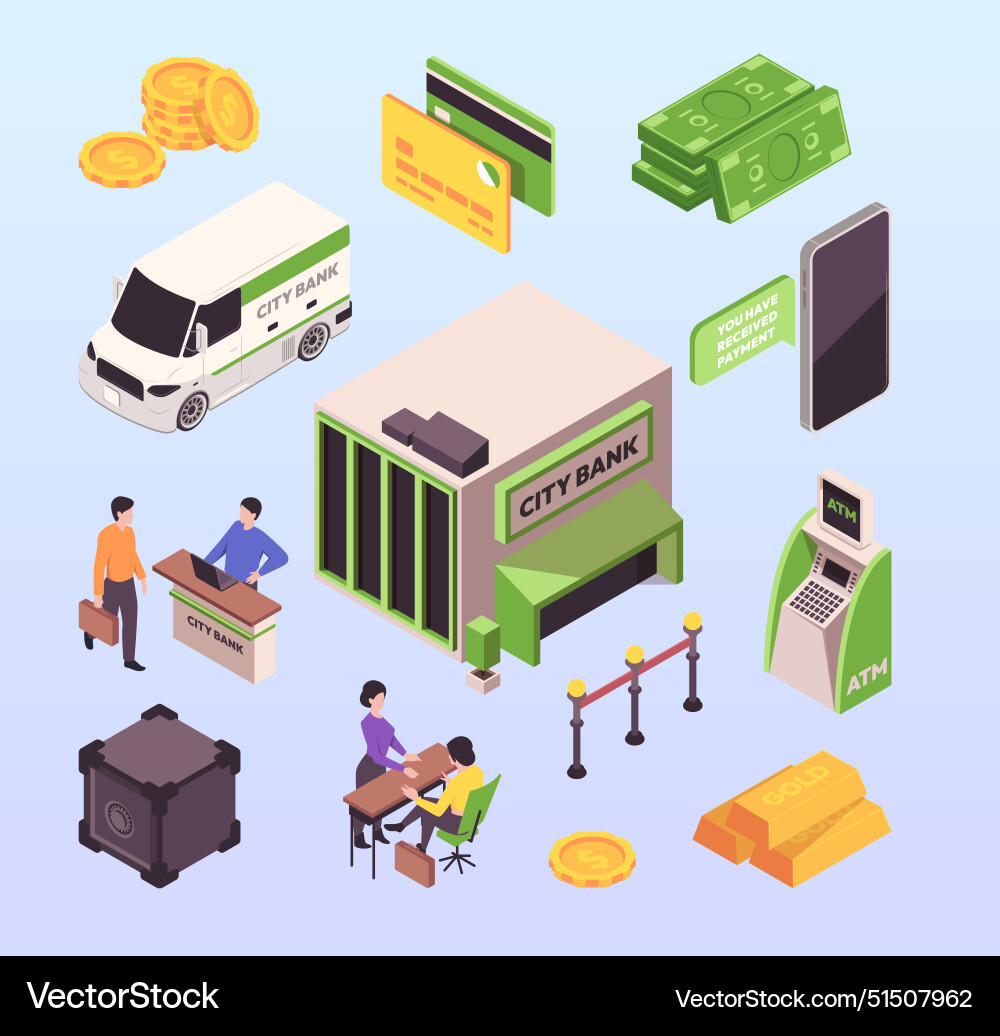 Bank office isometric icons set Royalty Free Vector Image
