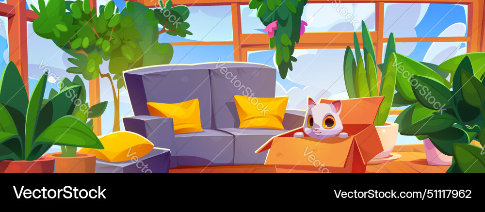 Box with cat in living room interior window Vector Image