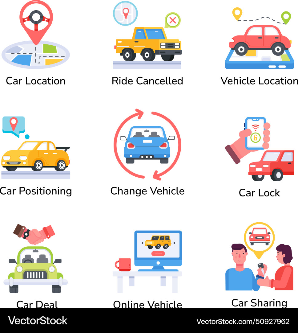 Bundle of ride services flat icons Royalty Free Vector Image