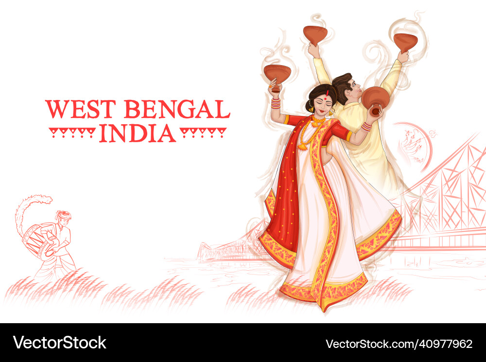 Couple performing dhunuchi dance traditional folk Vector Image