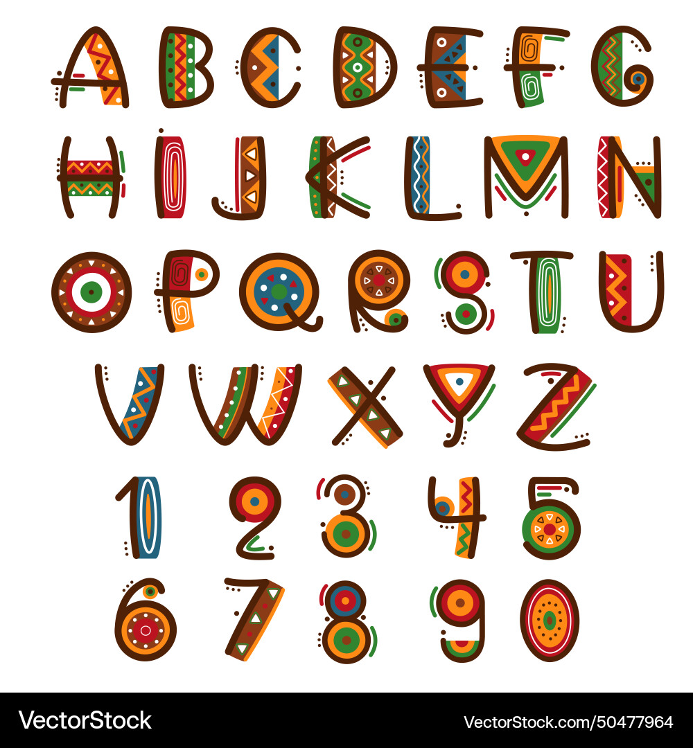 African ethnic primitive font hand drawn brightly Vector Image