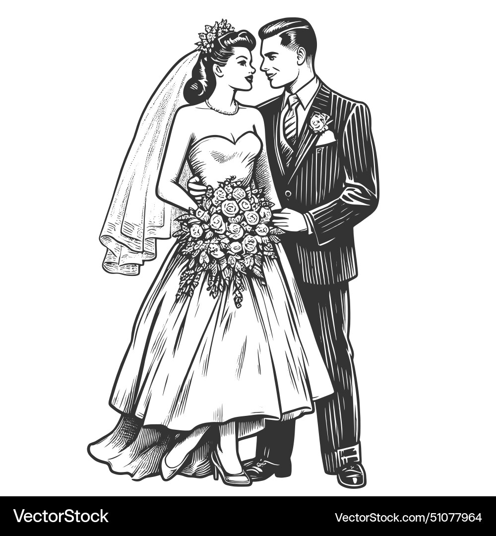 Bride and groom engraving Royalty Free Vector Image