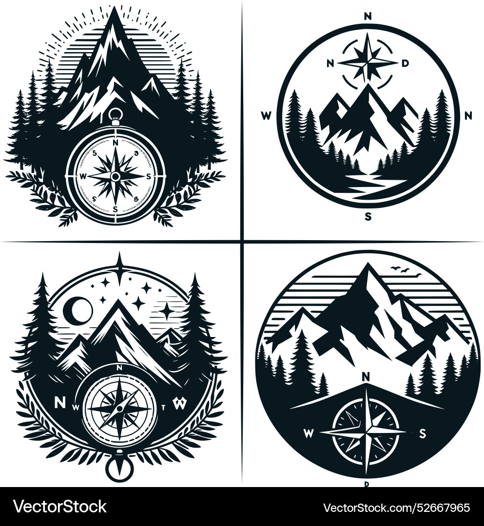 Compass with mountain scene silhouette file Vector Image