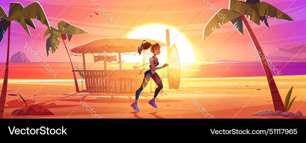 Young woman running along beach on sunset Vector Image