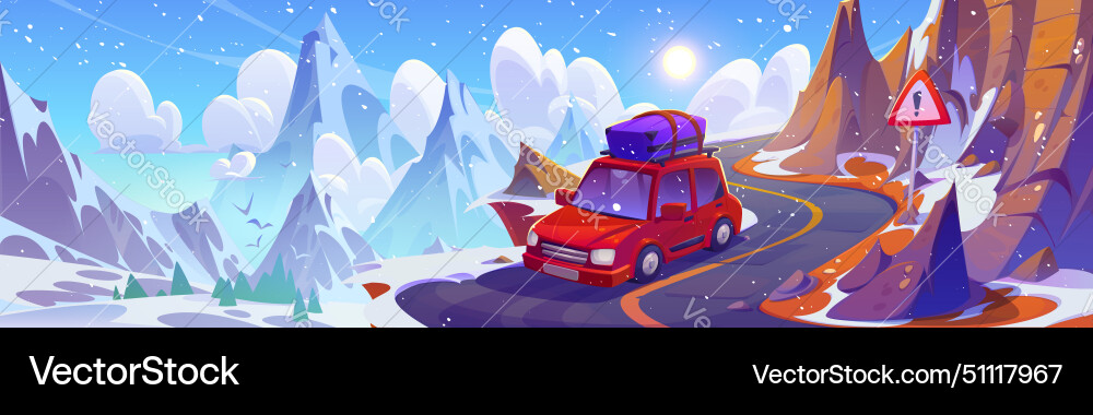 Red car on danger winding road in mountains Vector Image