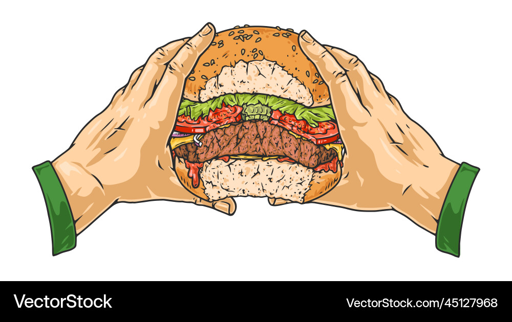 Hamburger in hands colorful label Royalty Free Vector Image
