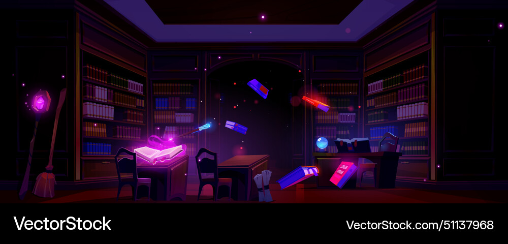 Magic library with flying glowing books Royalty Free Vector