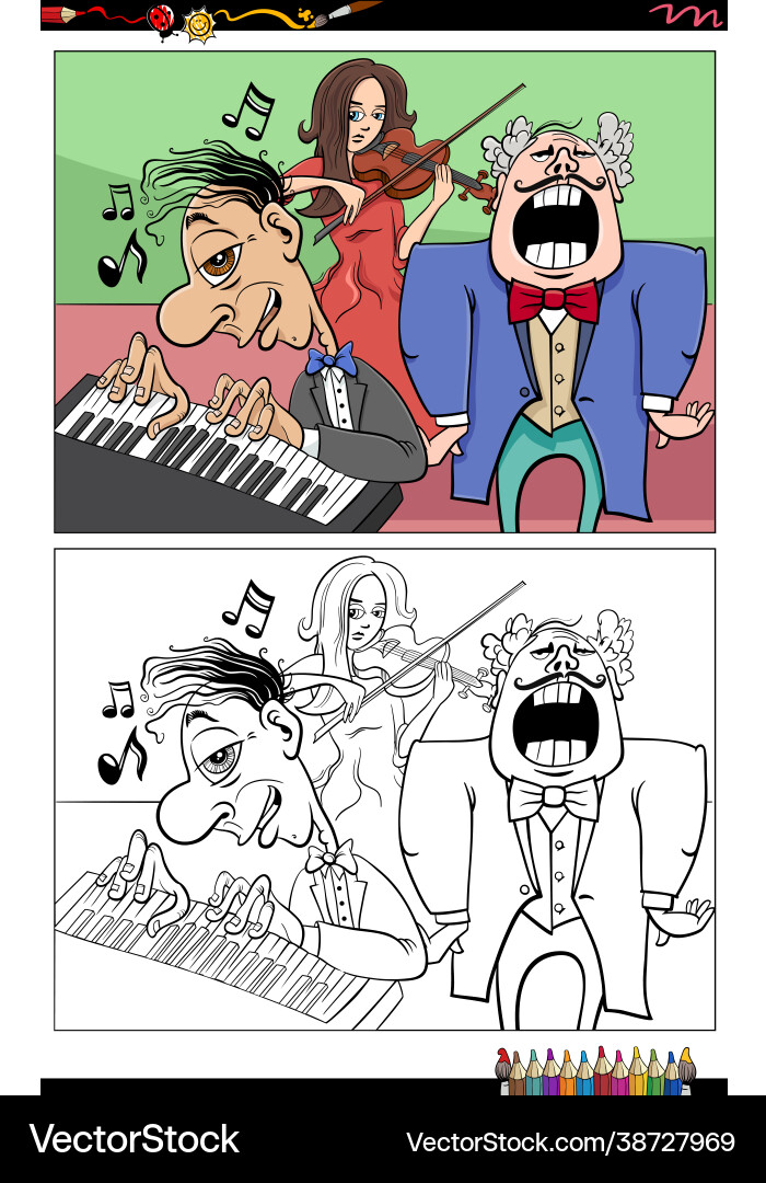 Cartoon musicians characters group coloring book Vector Image