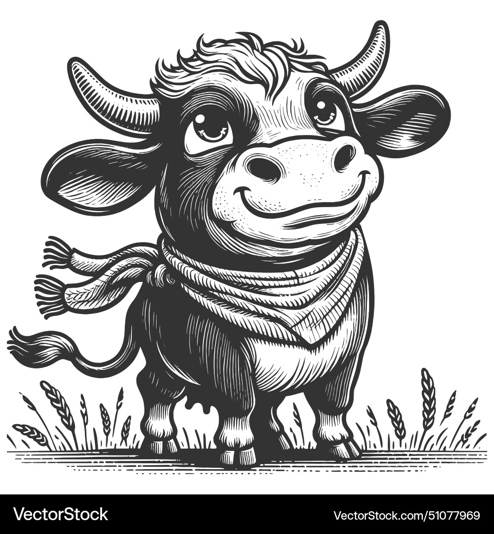 Cartoon smiling cow engraving Royalty Free Vector Image