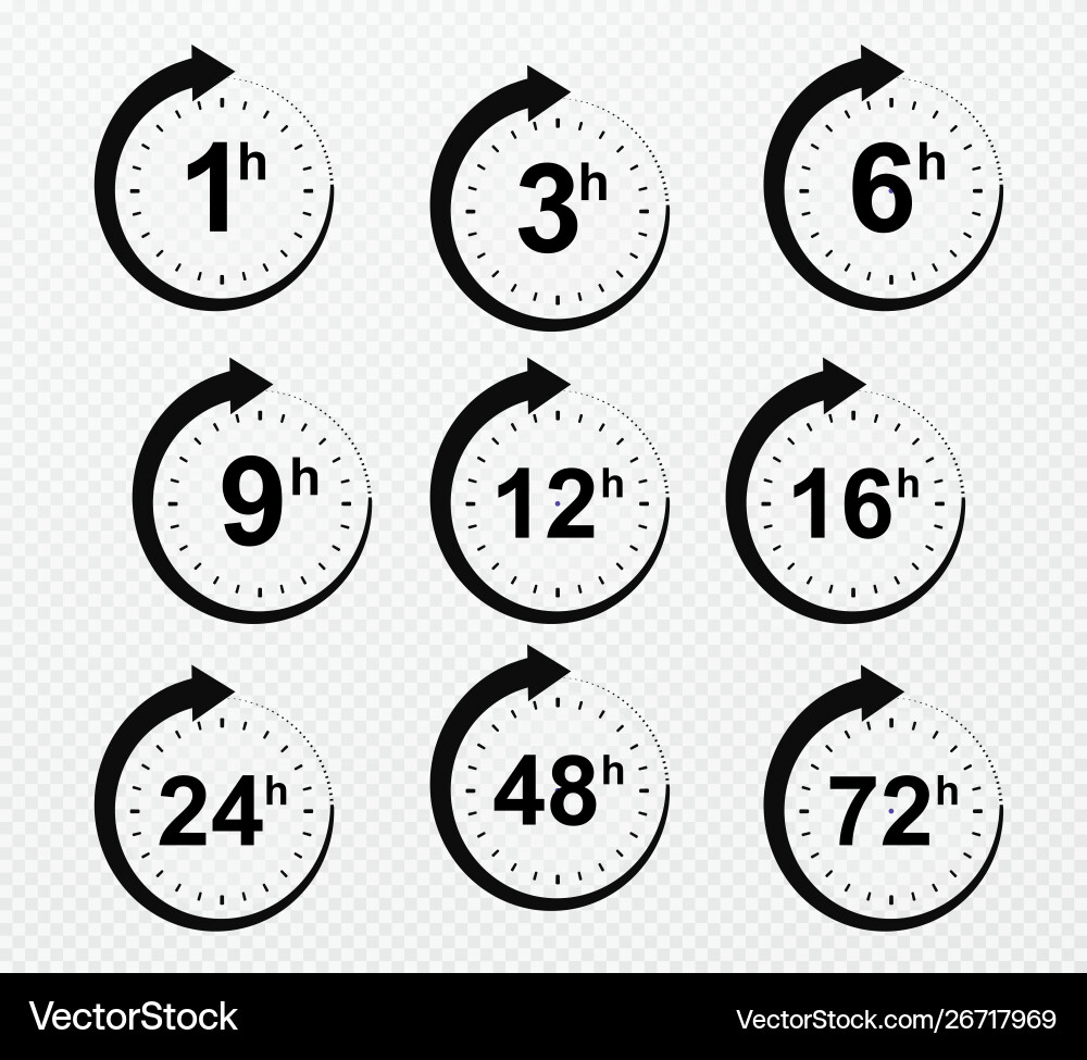 Clock arrow 1 3 6 9 12 16 24 48 72 hours set Vector Image