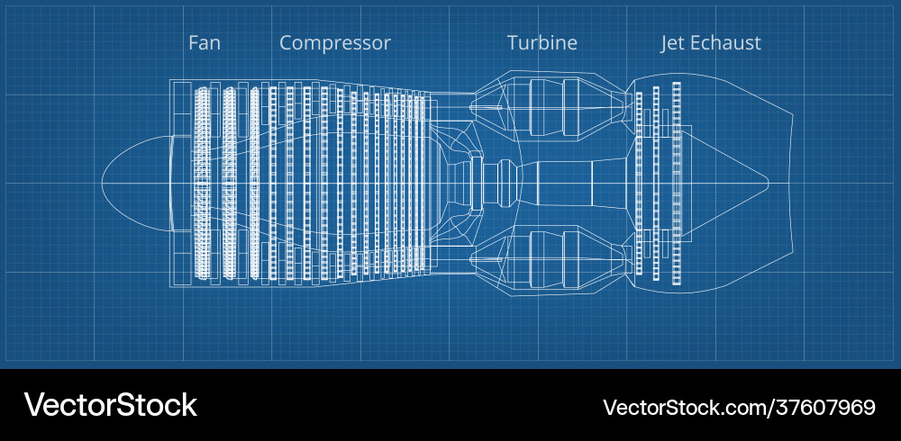 Commercial airplane jet engine blueprint side view