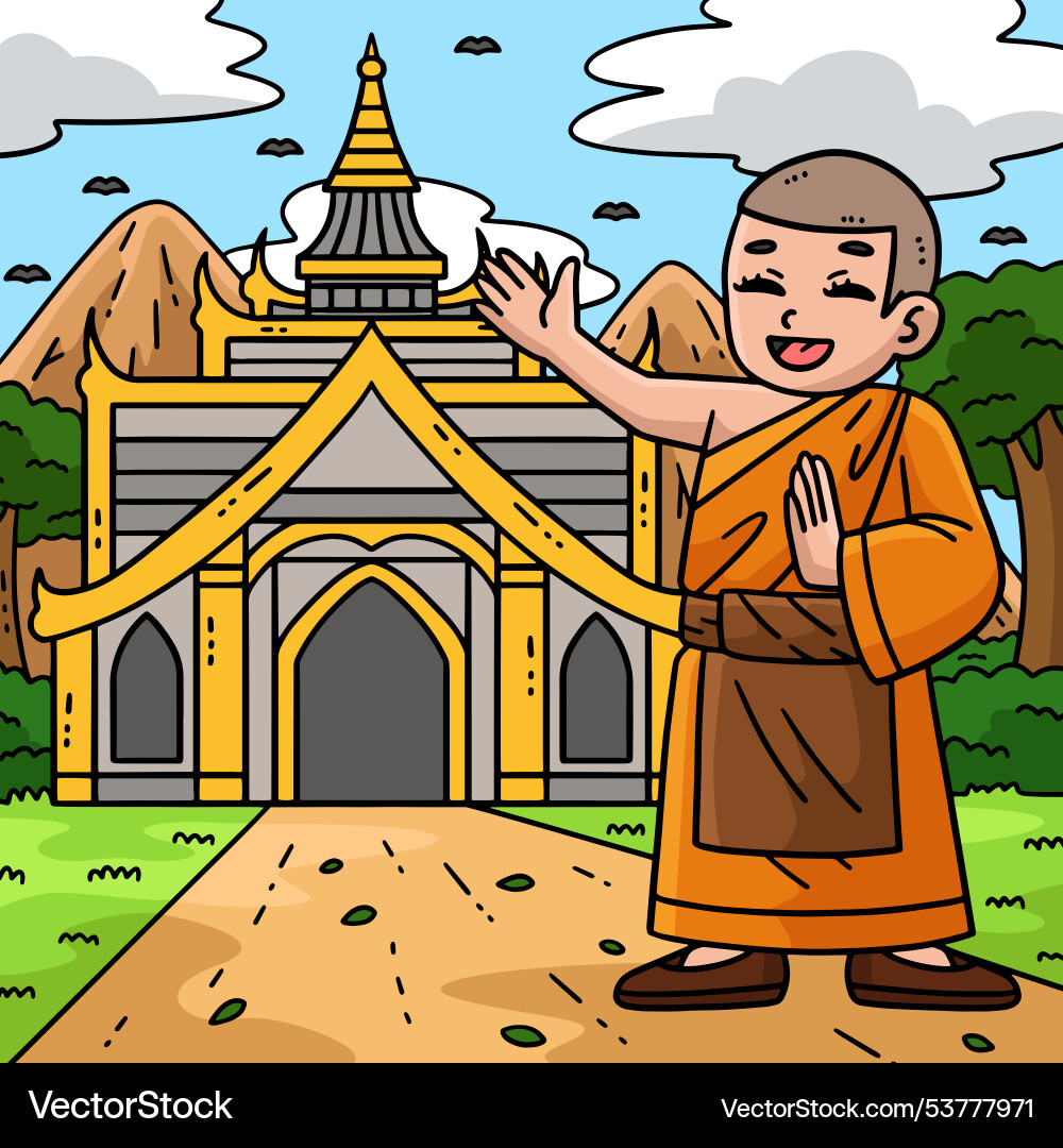 Buddhism buddhist monk and temple colored cartoon Vector Image