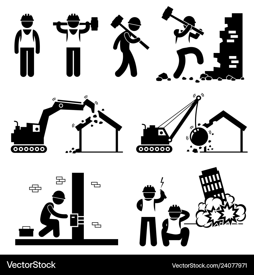 Demolition worker demolish building stick figure Vector Image