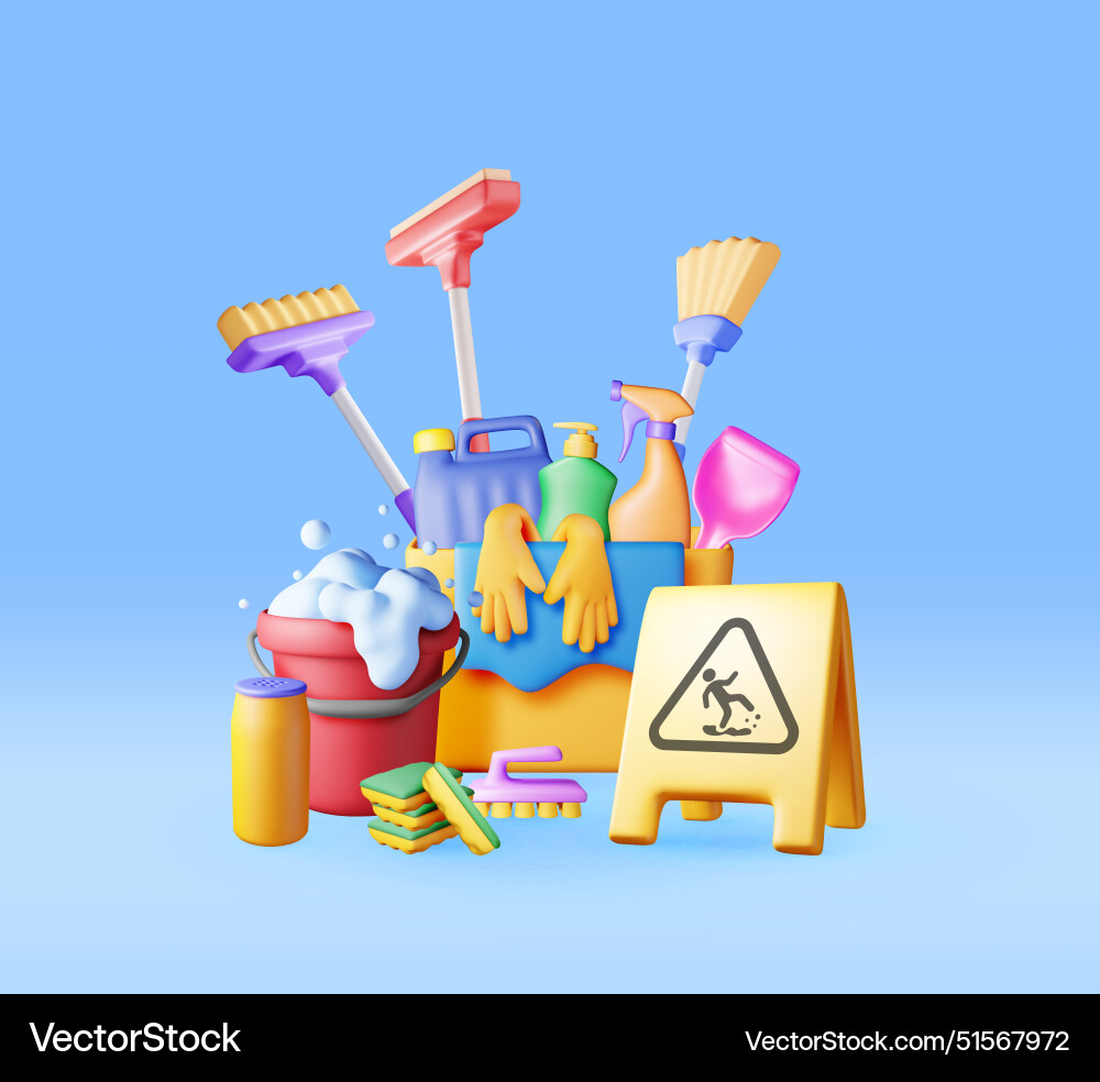 3d set of home cleaning tools isolated Royalty Free Vector