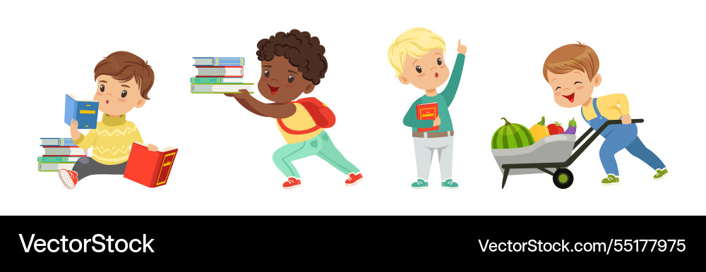 Funny boy study with book and learning set Vector Image