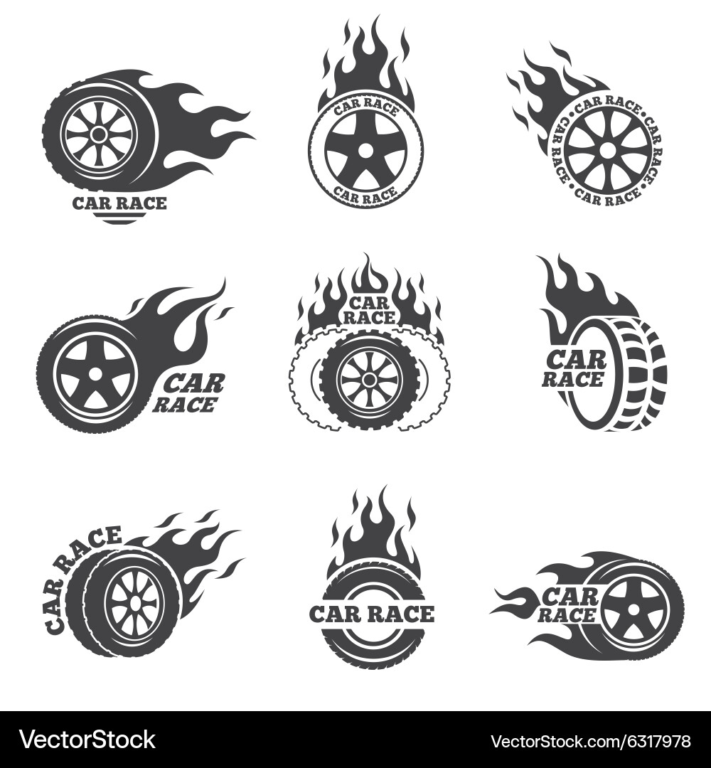 Car race logo set wheel with fire flame Royalty Free Vector