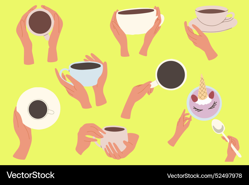 Flat set of hands holding cups Royalty Free Vector Image