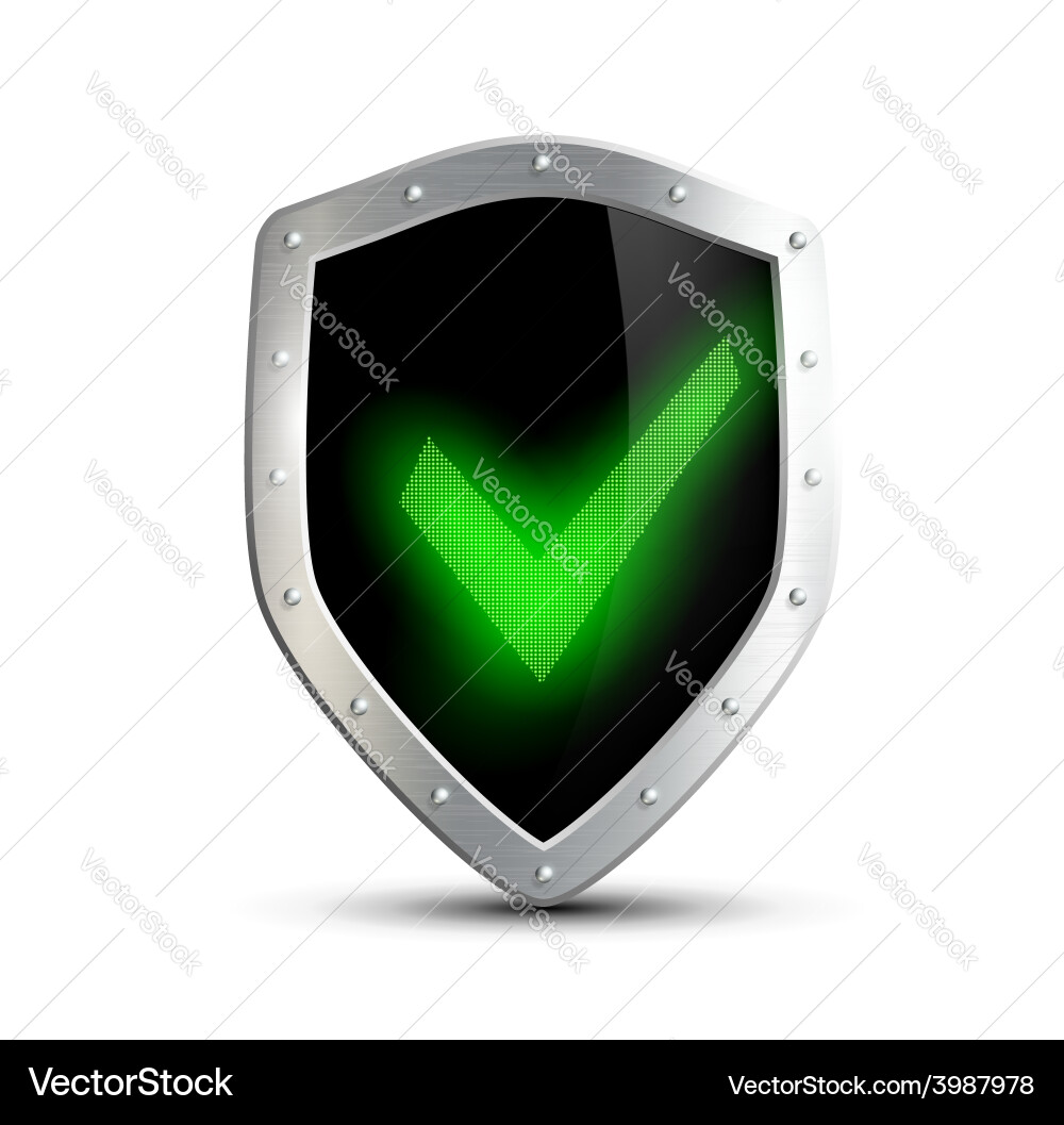 Metal shield with green tick isolated on white Vector Image
