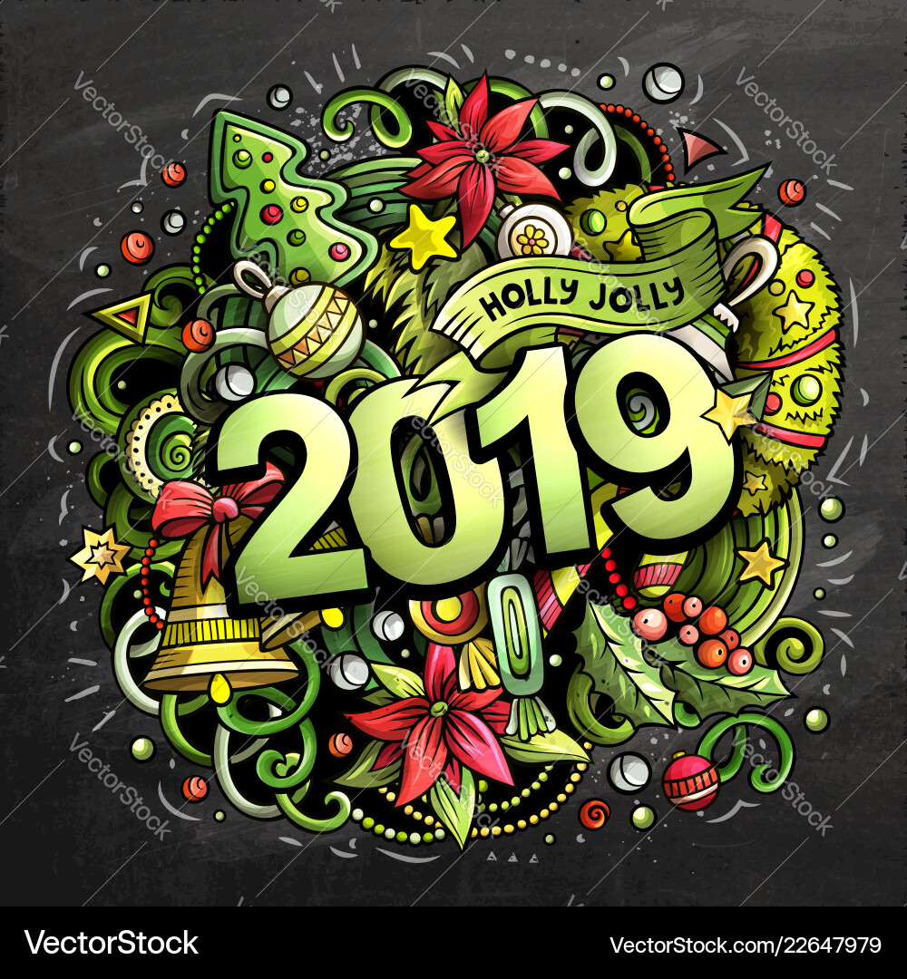 2019 hand drawn doodles chalk board Royalty Free Vector
