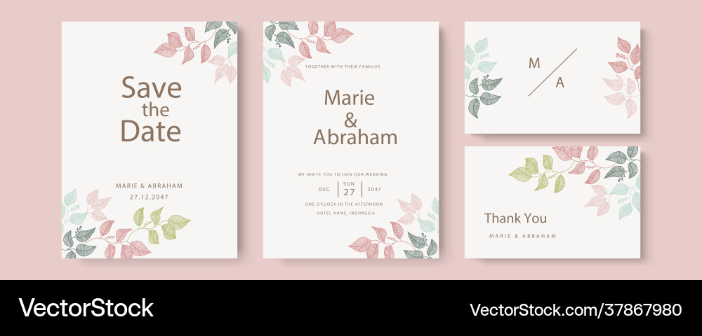 Wedding invitation template set with foliage line Vector Image