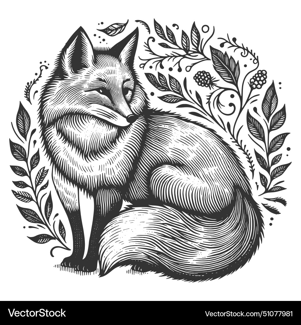 Fox floral patterns engraving Royalty Free Vector Image