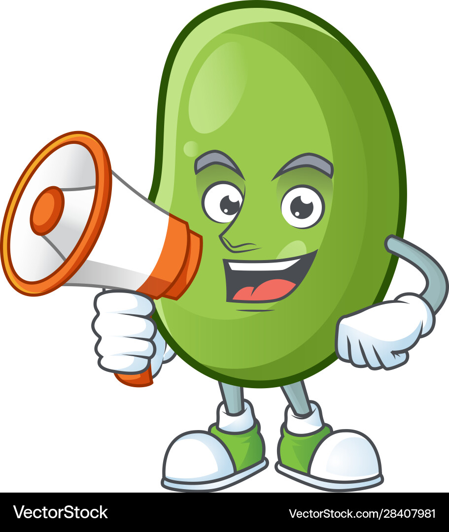 Smiling Green Bean Mascot with Megaphone Vector Image