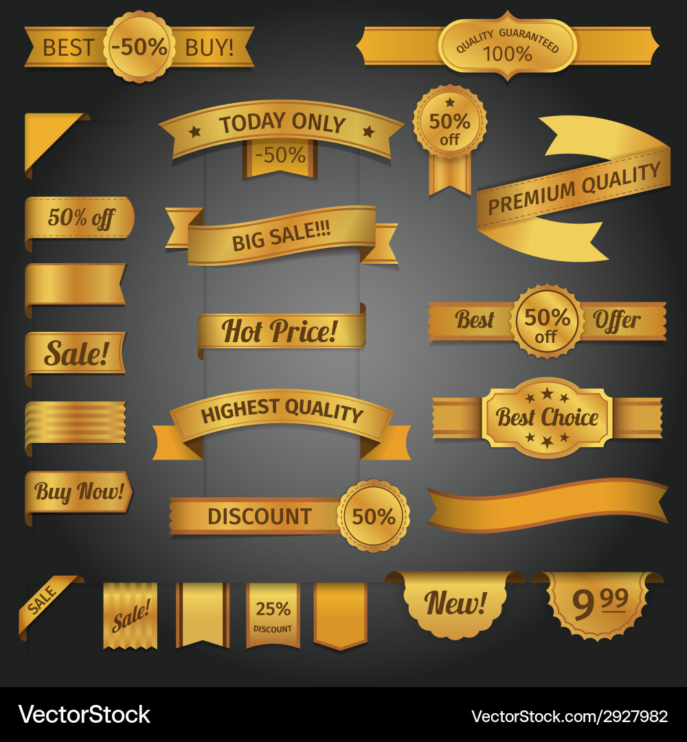 Discount retro ribbon golden set Royalty Free Vector Image