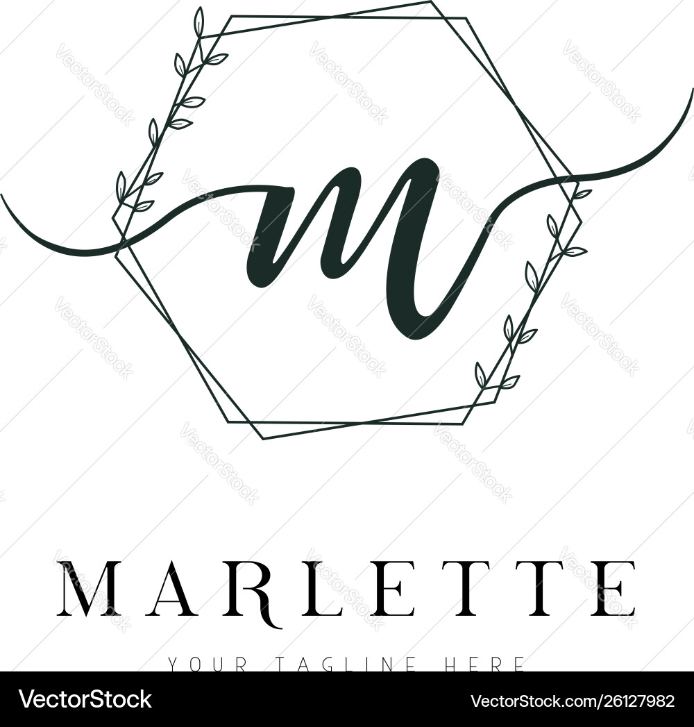 Hexagon shape hand drawn floral frame letter m Vector Image
