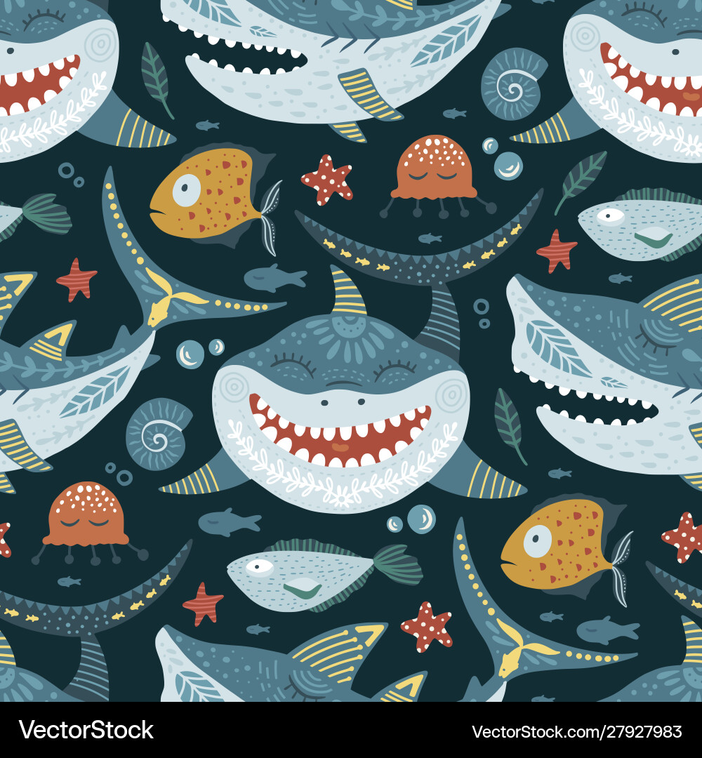 Funny shark fish pattern Royalty Free Vector Image