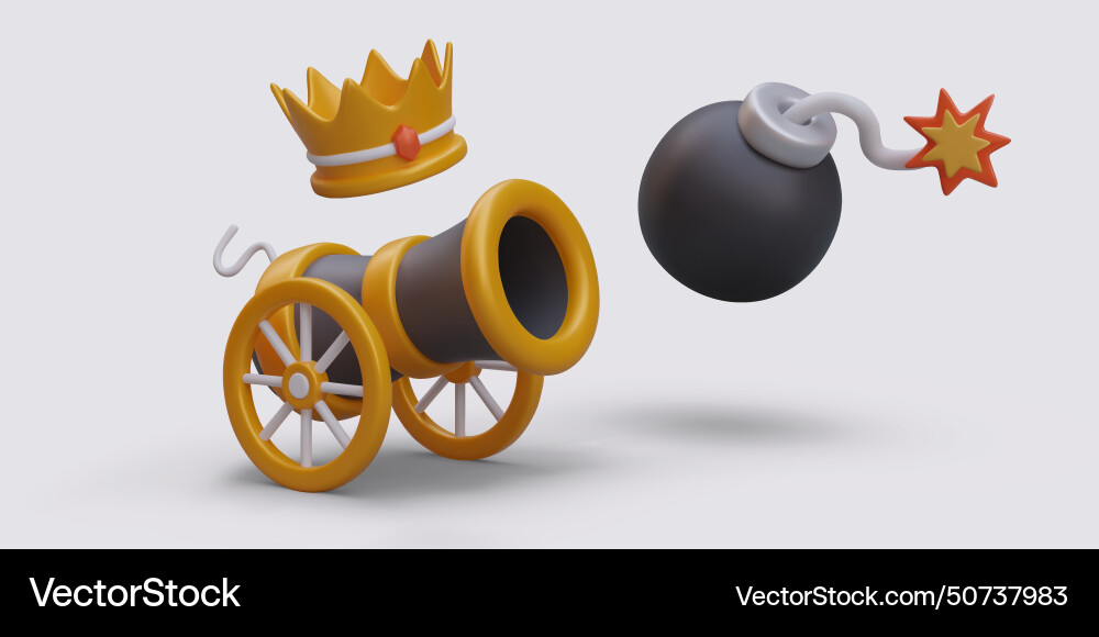 Realistic cannon gun golden crown cannonball Vector Image