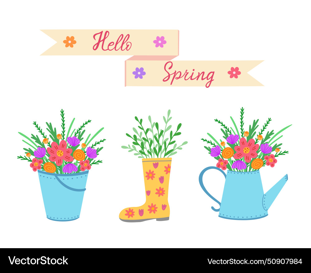 Hello spring bucket boot and watering can Vector Image