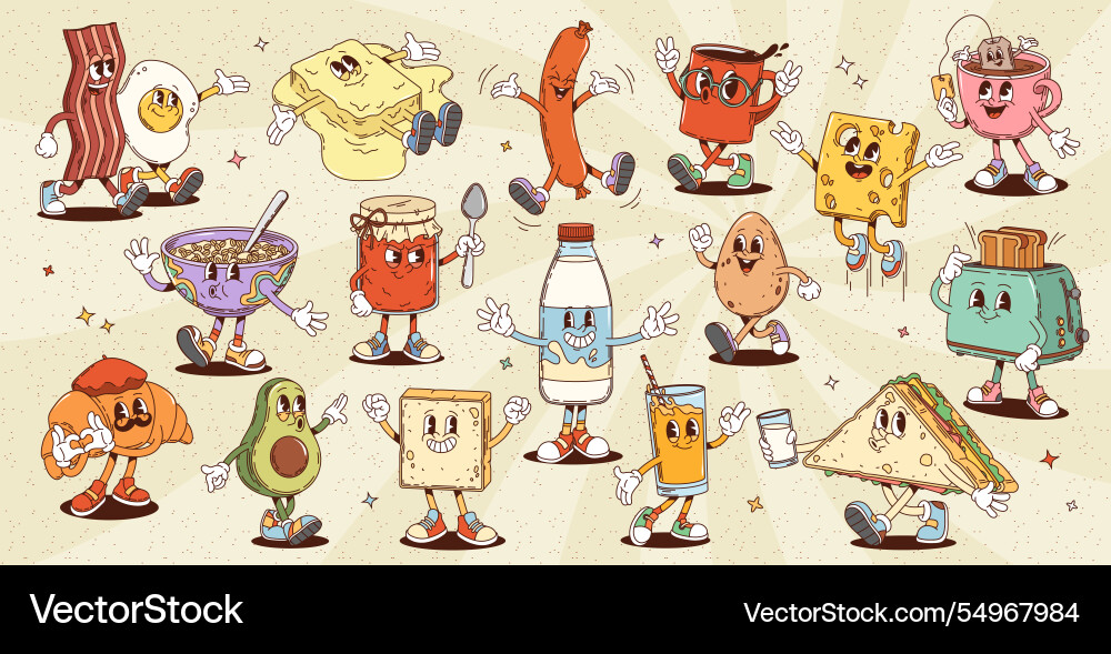 Retro Breakfast Cartoon Characters Royalty Free Vector Image