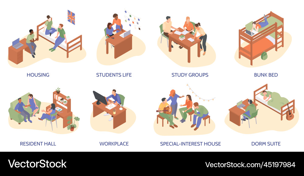 Student dormitory isolated compositions Royalty Free Vector